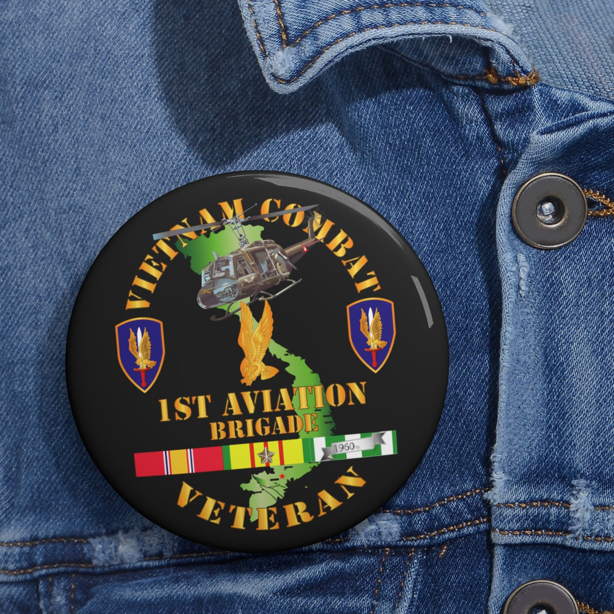 Custom Pin Buttons - Vietnam Combat Cavalry Veteran w 1st Aviation Bde ...