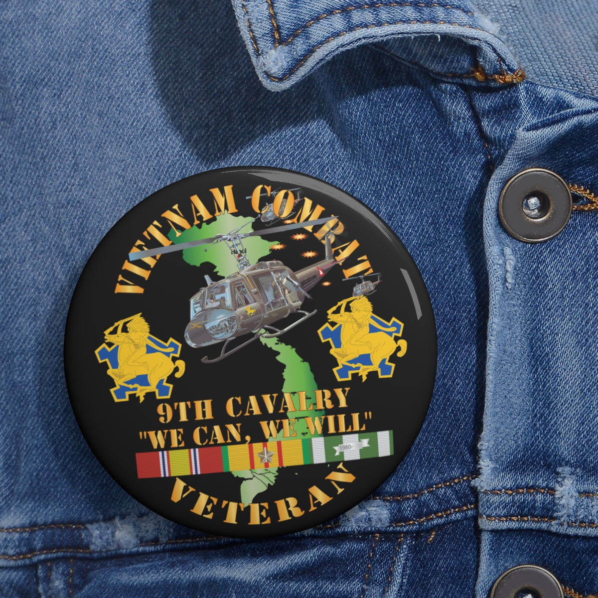 Custom Pin Buttons - Vietnam Combat Cavalry Veteran w 9th Cav Helicopt ...