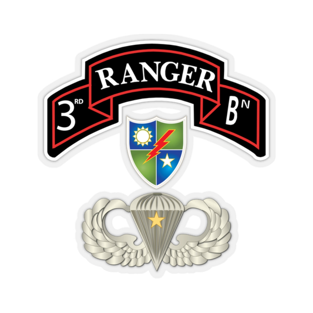 Kiss-Cut Stickers - Army - 3rd Rgr Bn with DUI - Basic Airborne w Comb ...
